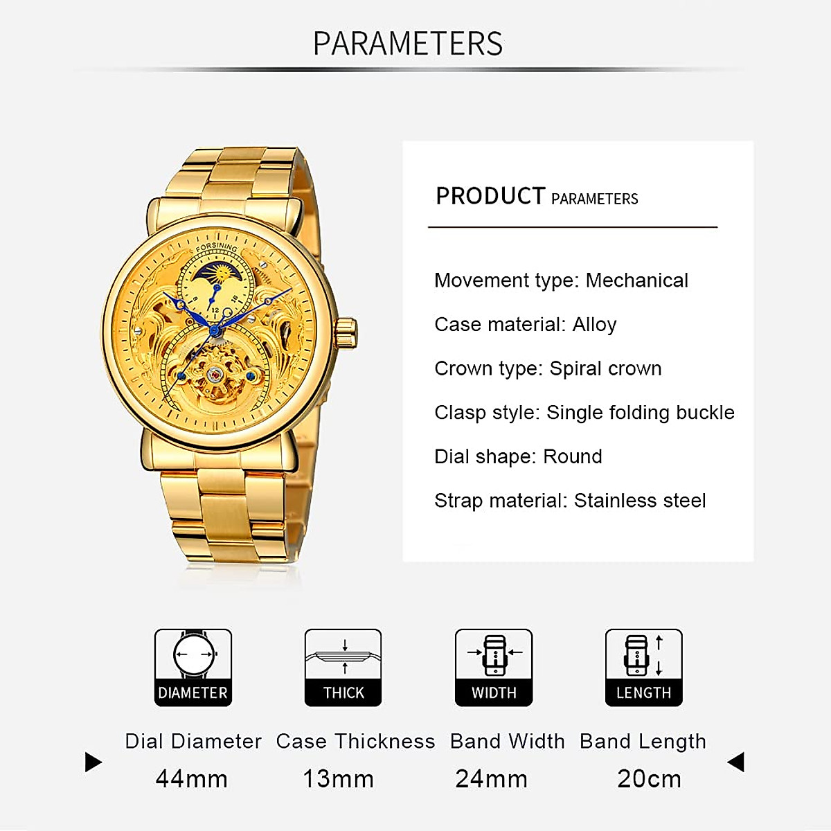 Tiong Mens Skeleton Automatic Mechanical Watch Golden Vintage Moon Phase Steel Male Wristwatch