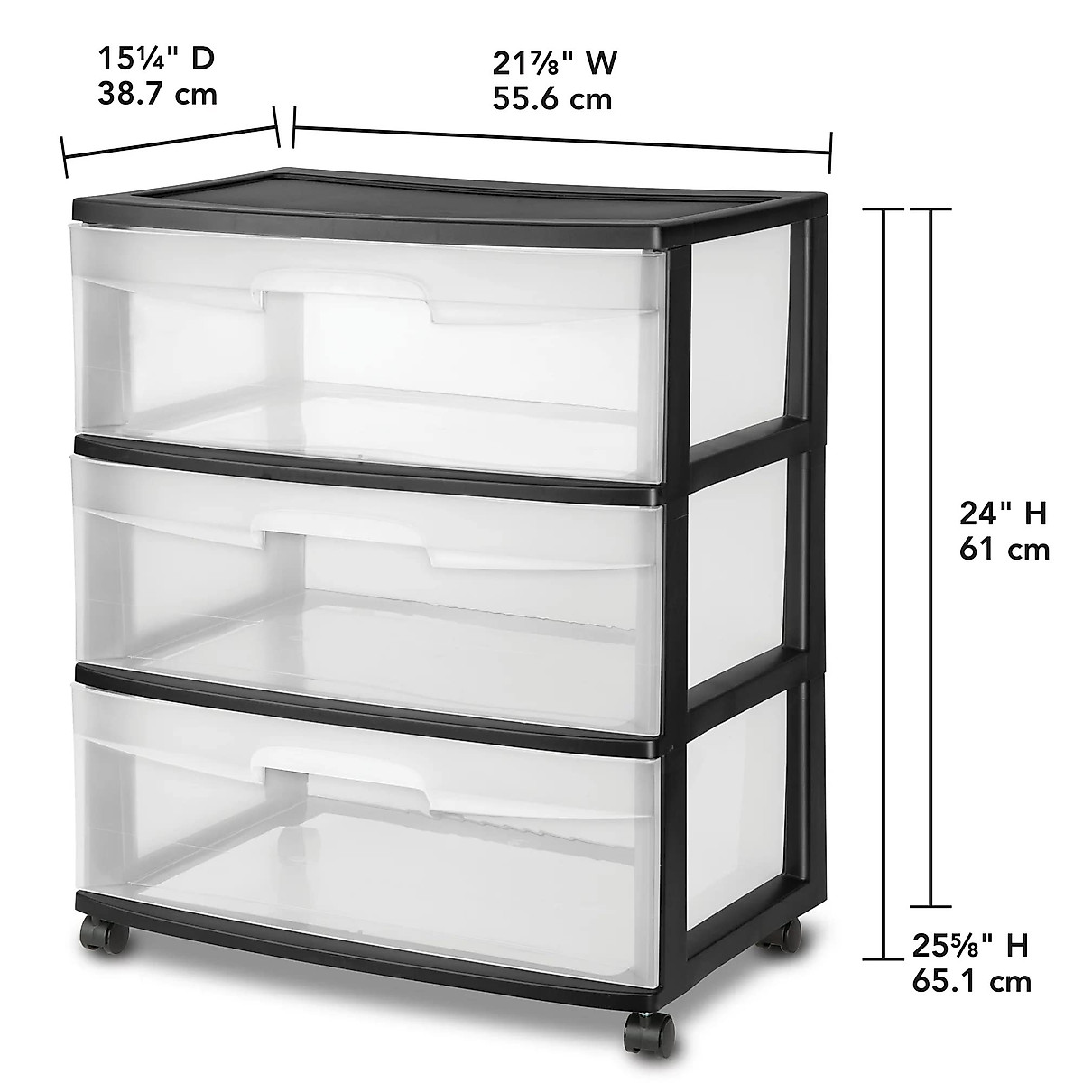 Plastic Storage Drawer Cart, Medium Home Organization Storage Container with 3 Large Clear Drawers With Wheels (BLACK)
