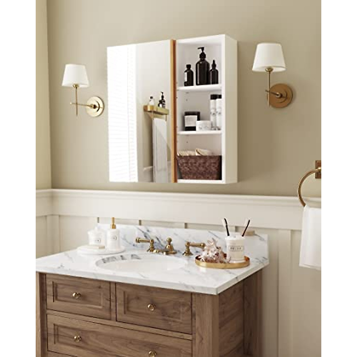 VredHom Bathroom Wall Mirror Cabinet, Medicine Cabinet with Single Door and Adjustable Shelf, Over The Toilet Storage Cabinet，White
