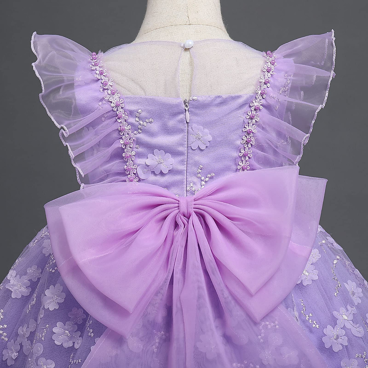 Infant Baby Flower Girls Dress Flutter Ruffle Bowknot Tutu Dress Christening Baptism Gown Toddler Little Princess Pageant Wedding First Communion Birthday Party Beaded Tulle Dress Purple 6-12 Months