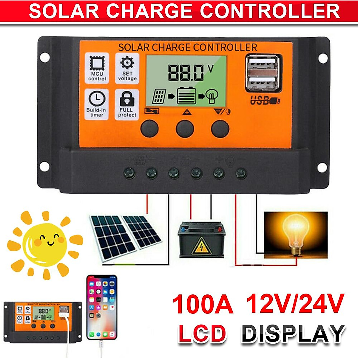 100A Solar Charge Controller, Solar Panel Battery Intelligent Regulator with Dual USB Port 12V/24V, Multi-Function Adjustable LCD Display Street Light Controller (Orange)