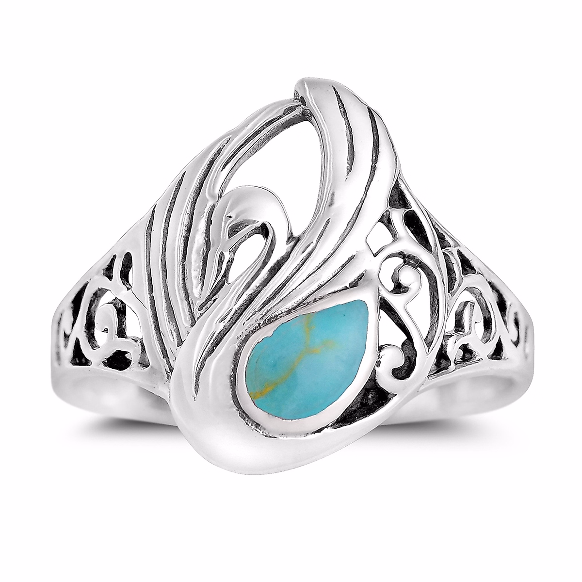 AeraVida Majestic Swirl Swan Simulated Turquoise Wings .925 Sterling Silver Ring, resin