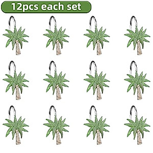 VEGA U Palm Tree Decorative Shower Curtain Hooks for Bathroom, Summer Tropic Themed Resin Bath Decor Rings, Set of 12 (Green)