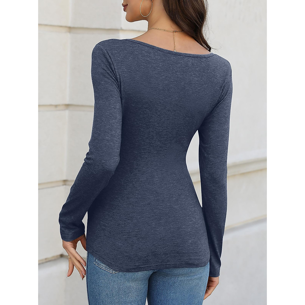 EasyGala Women's Long Sleeve Blouses Deep V Neck Tops Sexy Wrap Ruched Cute Shirts A Navy Blue Long Sleeve Large