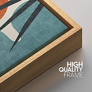 IDEA4WALL Framed Canvas Print Wall Art Abstract Blue Palm Tree & Red Sun Geometric Shapes Illustrations Modern Art Mid-Century Modern Ultra for Living Room, Bedroom, Office - 24"x36" Natural