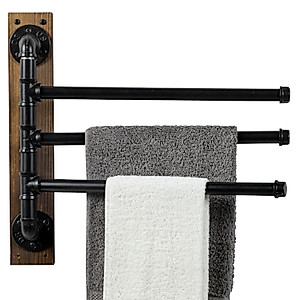 MyGift 17.3 Inch Wall Mounted Bathroom Swivel Towel Rack on Rustic Burnt Solid Wood Board, 3 Tier Industrial Black Metal Pipe Bars with 180 Degree Swing for Towels