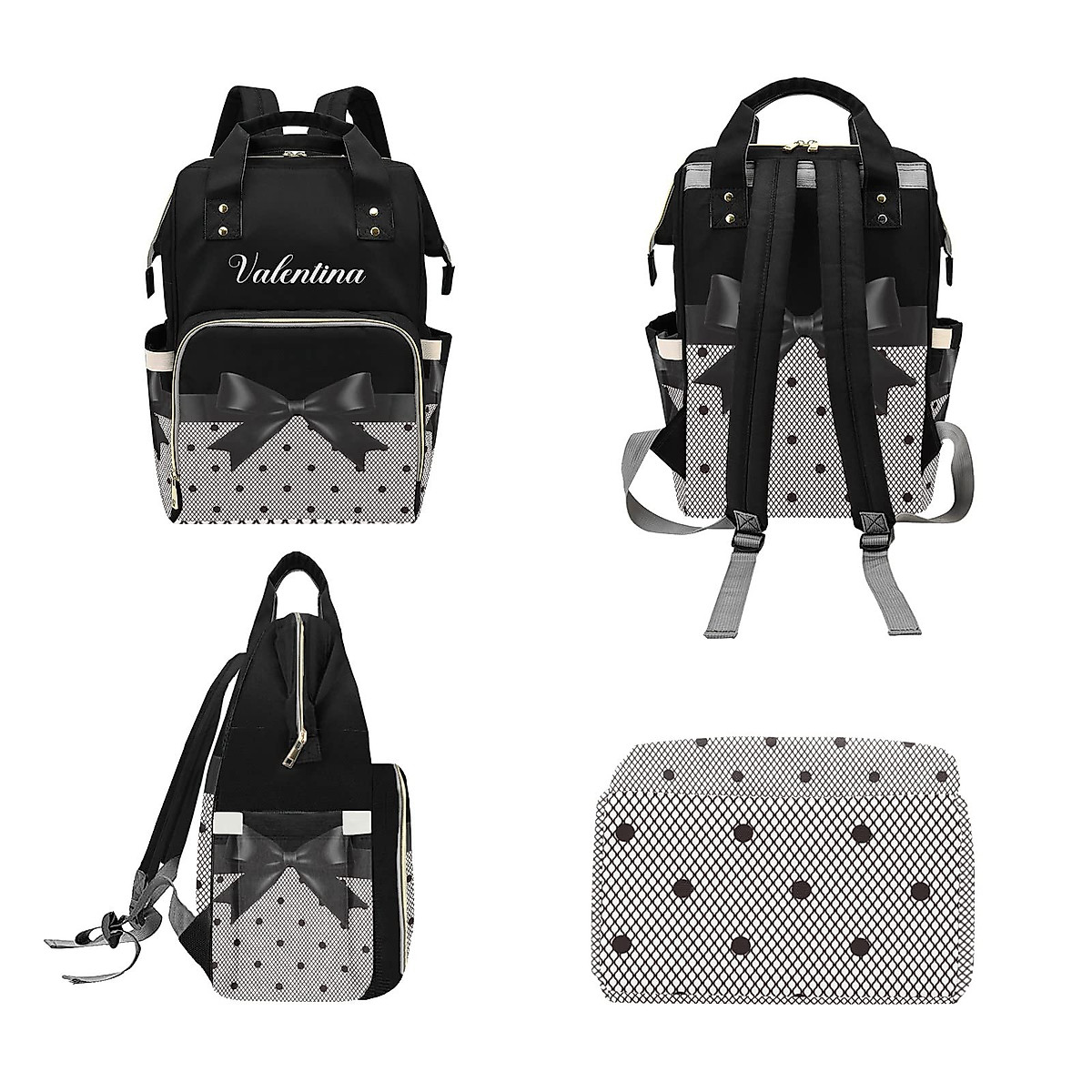 Personalized Diaper Bag Backpack Tote,Black Lace Bow,Custom Diaper Bags for Shower Gift