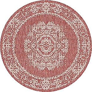 Rugs.com Outdoor Traditional Collection Rug – 4 Ft Round Rust Red Flatweave Rug Perfect for Kitchens, Dining Rooms