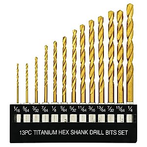 GMTOOLS 13 Pcs Titanium Coated Twist Hex Shank Drill Bit Set, 135 Degree Tip HSS Impact Drill Bit Set with Storage Case for Metal, Aluminum, Steel, Wood, Plastic, Quick Change Design 1/16" to 1/4"