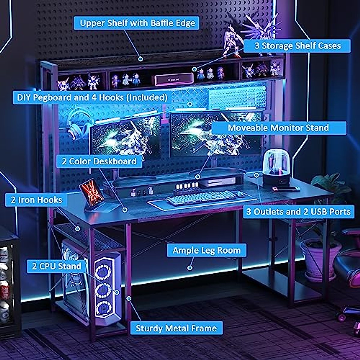 armocity 2024 Upgrade Gaming Desk with Hutch, 55.2'' Magic Computer Desk with LED and Outlets, Reversible Workstation Desk with Pegboard, Grey/Black