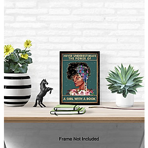 Never Underestimate a Girl With a Book - African American Wall Art - Black Woman Poster - African American Girl, African American Women, Black Women - Motivational Wall Decor - Positive Black Wall Art