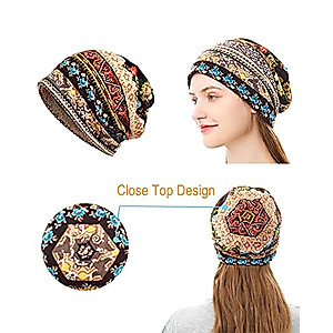 ELLEWIN Slouchy Beanie for Women Cute Floral Headwear Beanie Hats Thin Beanies Snood Hats Slouchy Retro Tribal Printed Hair Covering Thin Hippie Beanies Casual Skullies Beanies Dual Use Boho Hats