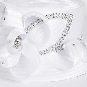 PGTEN Women's Satin Dress Church Hats with Rhinestones White