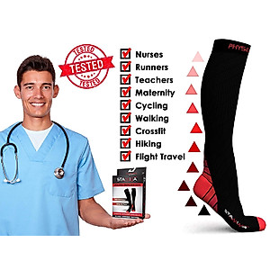 Physix Gear Compression Socks 20-30 mmHg - Men & Women - Running, Nurses, Shin Splints, Flight, Travel (BLACK / RED-S/M)