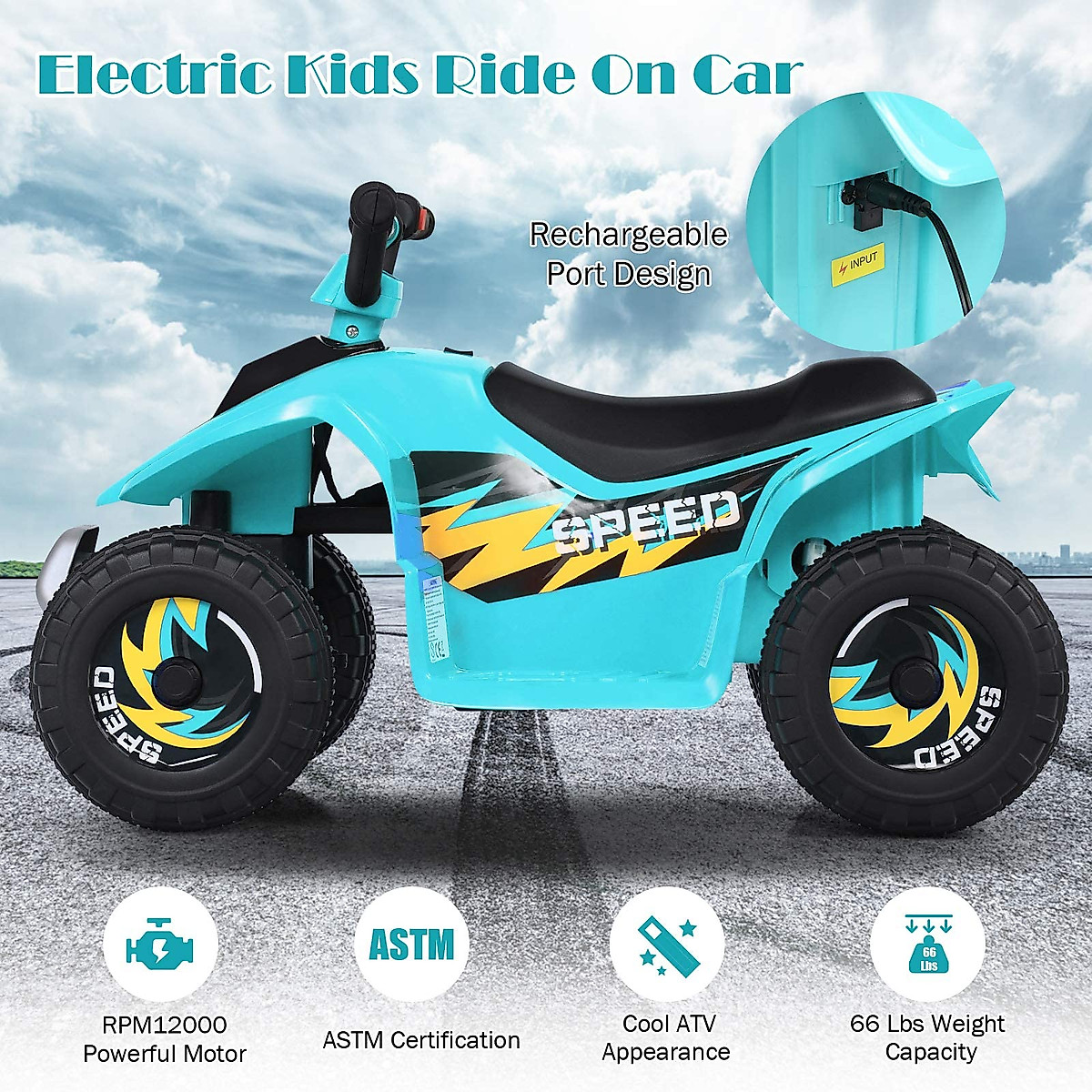 OLAKIDS Kids Ride On ATV, 6V Motorized Quad Toy Car for Toddlers, 4 Wheeler Battery Powered Electric Vehicle for Boys Girls with Forward/Reverse Switch, Anti-Slip Wheels (Aqua)
