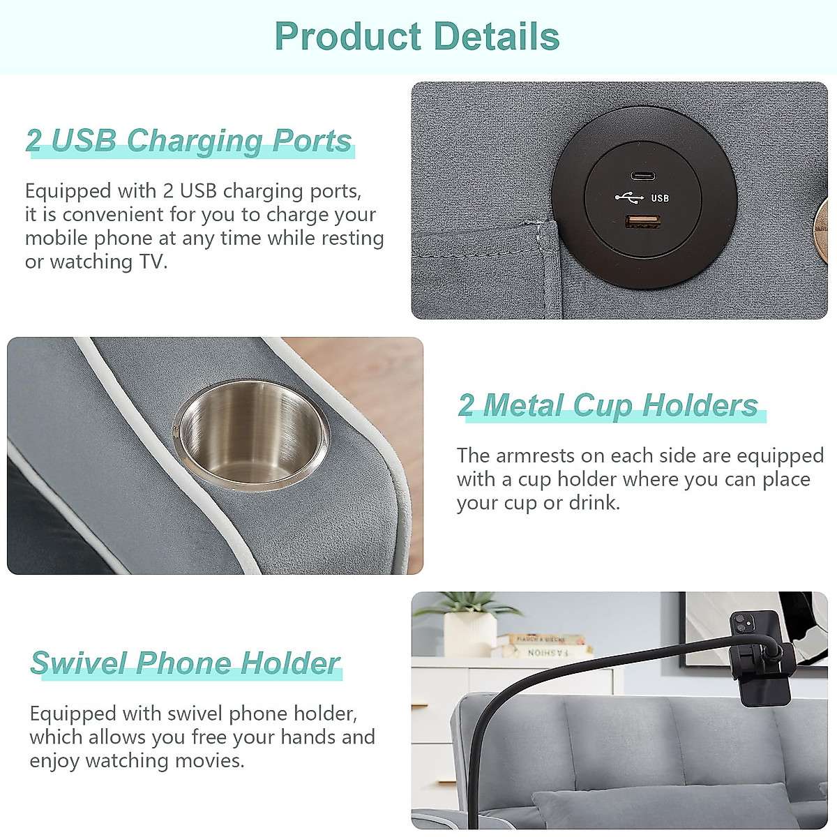 Lakifun Convertible Sleeper Sofa Bed, Modern Velvet Loveseat w/Pull Out Couch, 54.7" Loveseats Sofa w/Adjsutable Backrest, Cup Holders and USB Port, Swivel Phone Stand,Grey