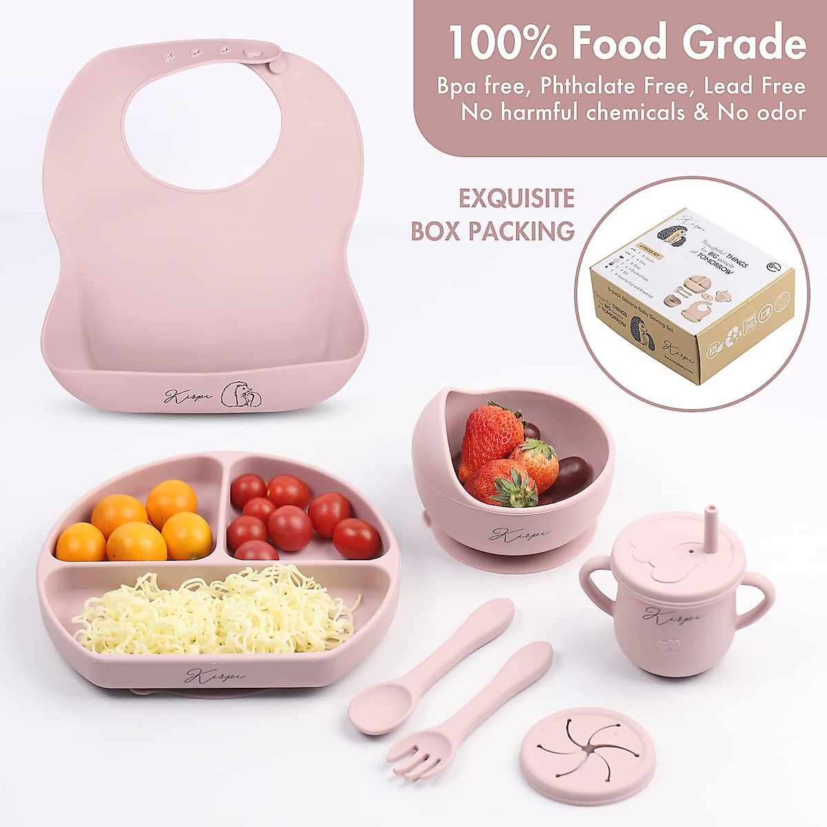 Baby Led Weaning Supplies - Kirpi Baby Feeding Set - Silicone Suction Bowls, Divided Plates, Sippy and Snack Cup - Toddler Self Feeding Eating Utensils Set with Bibs, Spoons, Fork - 6 Months (Pink)