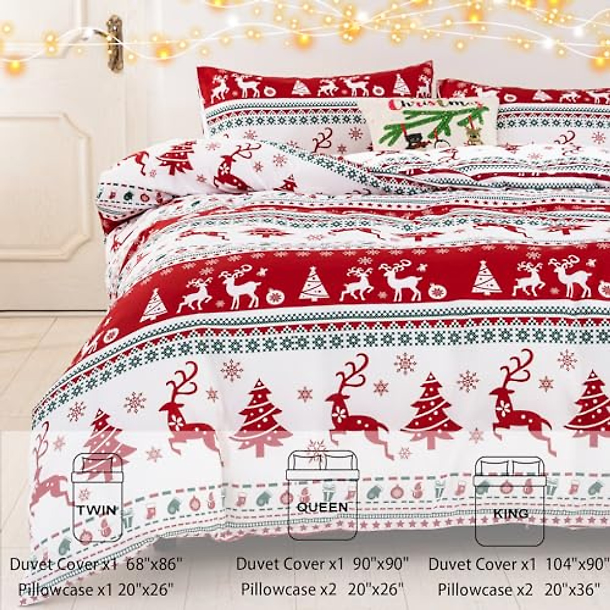 Luxudecor Christmas Duvet Cover Set Queen Size Deer Snowflake Christmas Tree Duvet Cover Soft Microfiber Bedding Set with Pillowcase for Christmas New Year (3pcs, 90"x90")