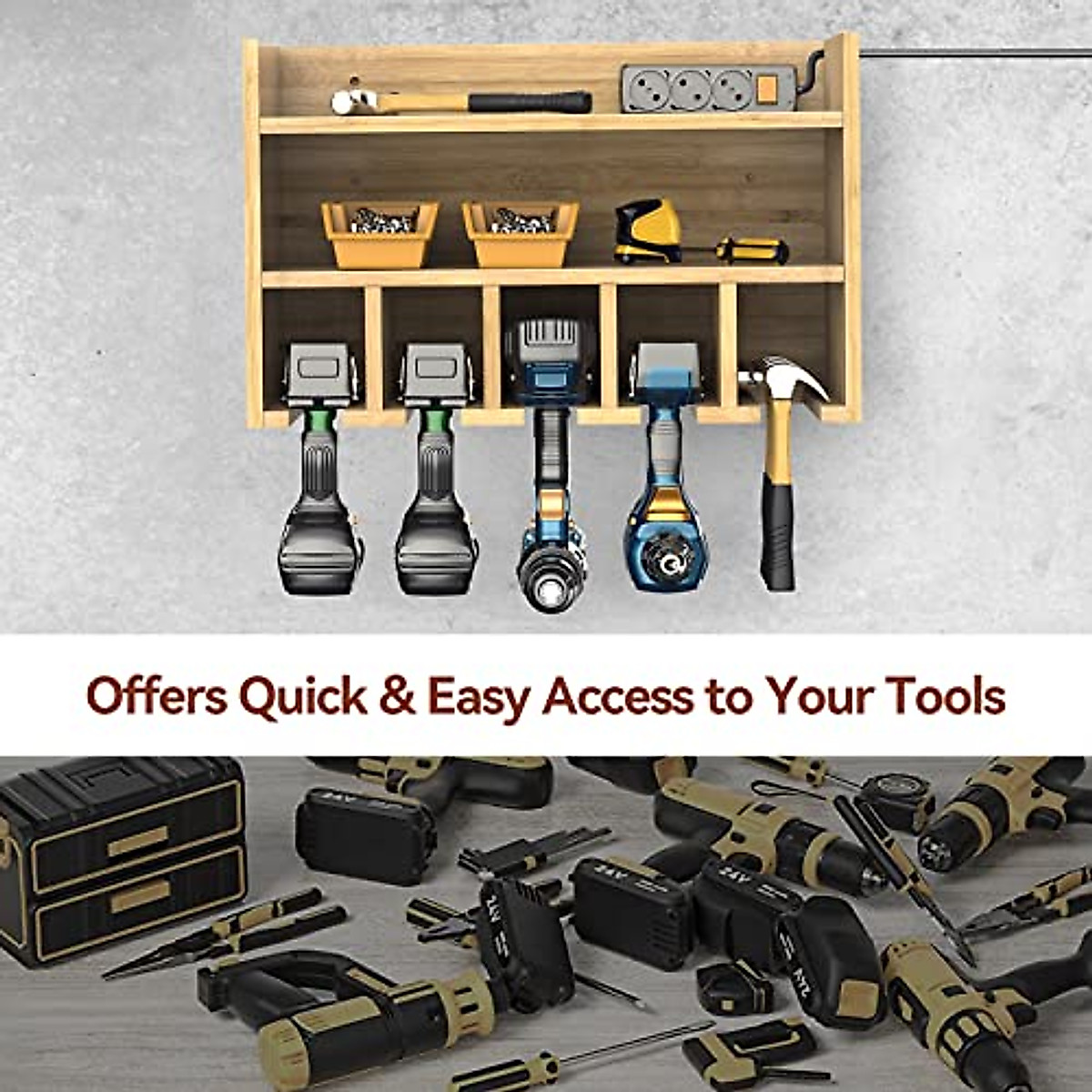 Purbambo Power Tool Organizer Wall Mounted, Bamboo Drills Shelf Rack with Charging Station and 5 Hanging Slots, Power Tools Storage Cabinet