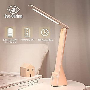 CometMars LED Desk Lamp (Pink), Cordless Lamp with 3 Lighting Modes, Rechargeable Reading Lamp with Adjustable Arm & USB Charge Port, Foldable Eye Caring Table Light for Home Office Study