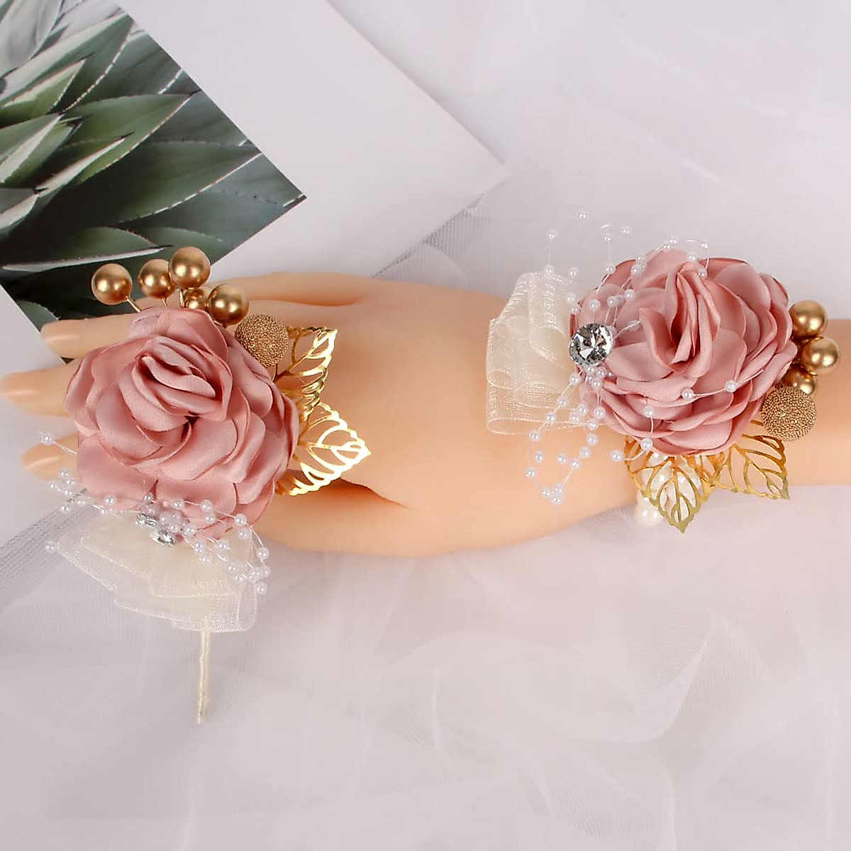 WANLIAN Rose Wrist Corsage Wristlet Band Bracelet Boutonniere,Wrist Corsage Hand Flowers Decor for Wedding Bridal Prom Party Accessories (Pink)