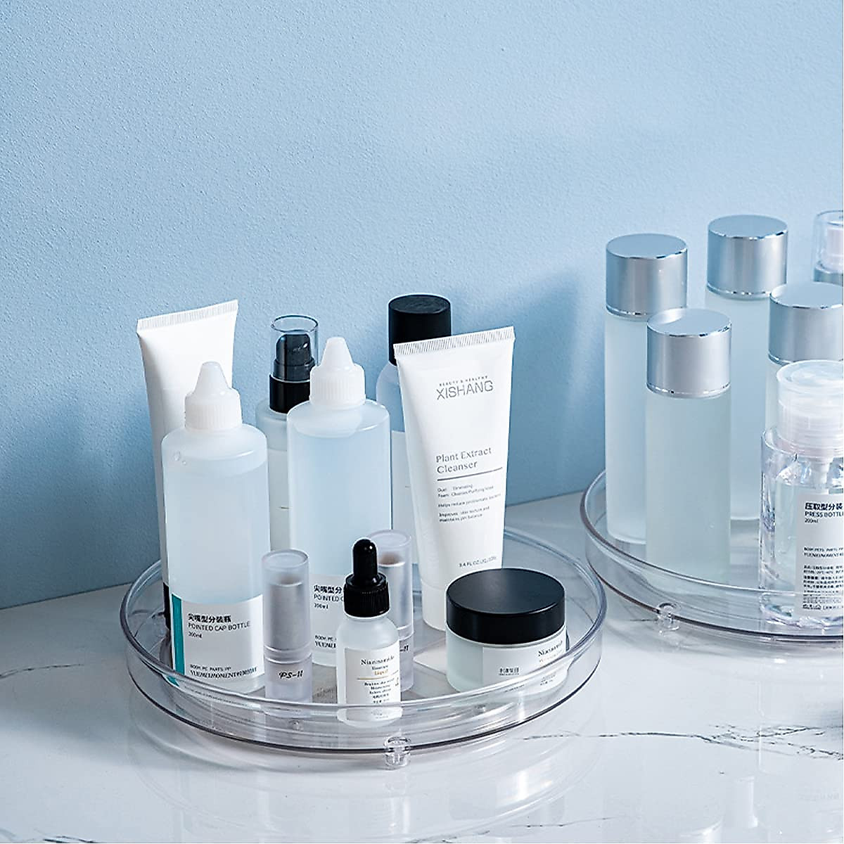 FIVOF Lazy Susan Round Plastic Clear Rotating Turntable Organization Storage Container Bins for Cabinet Pantry Fridge Kitchen Vanity Spinning Organizer for Spices Condiments (2-Tire-1-Pack, 9 inch)