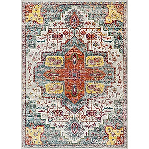 JONATHAN Y CAV100A-3 Zafra Vintage Medallion Indoor Area-Rug Bohemian Floral Rustic Easy-Cleaning High Traffic Bedroom Kitchen Living Room Non Shedding, 3 ft x 5 ft, Coral/Blue/Multi