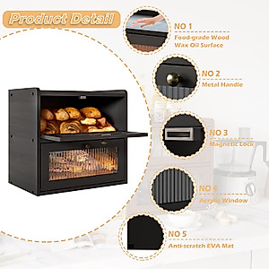 Alpeir Double Layer Large Bread Box for Kitchen Counter, Wooden Corner Bread Storage Container with Acrylic Window, Black