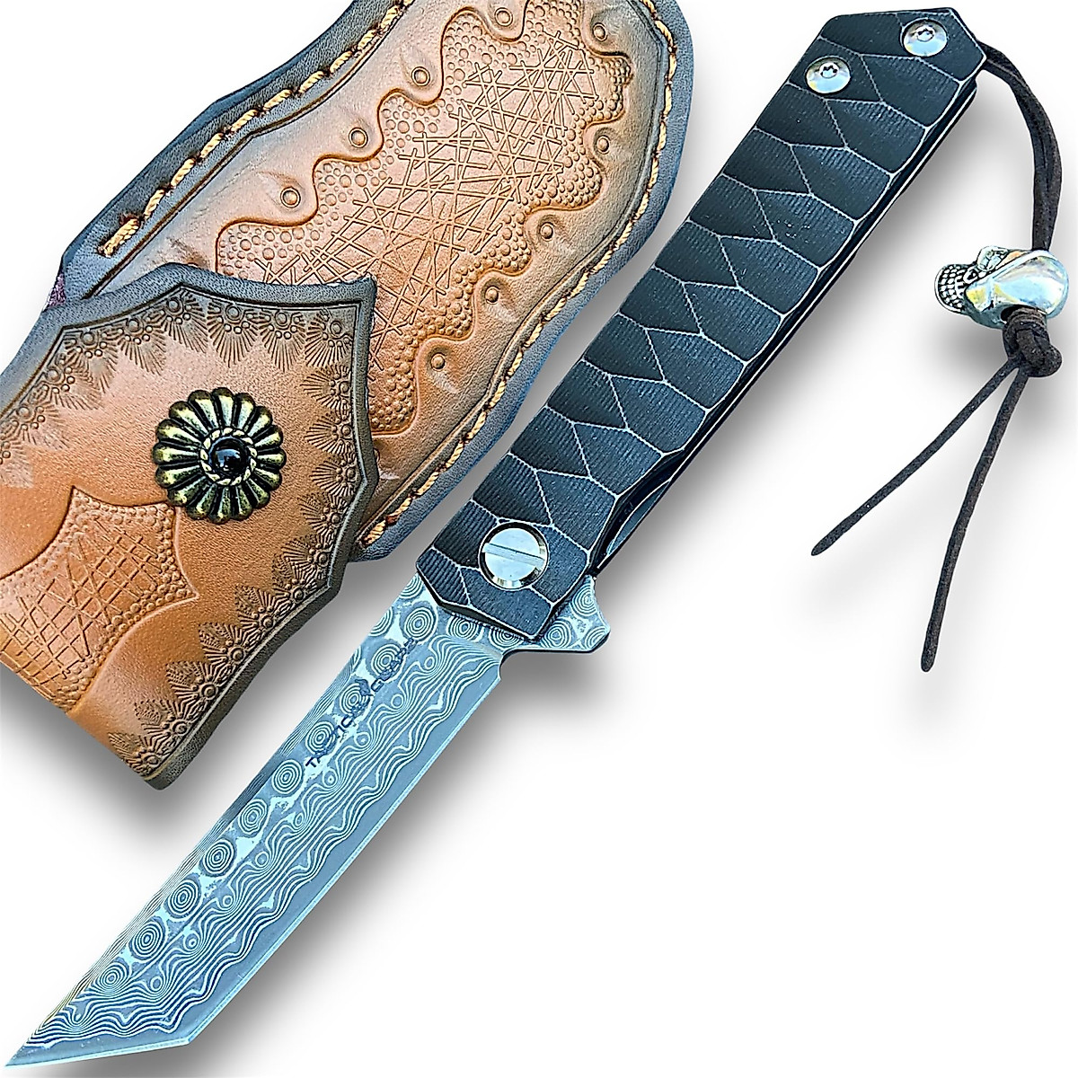 TACTICAL GEARZ Damascus Pocket Folding Knife, Solid Titanium Handle! 67 Multi Layers Damascus VG10 Steel Tanto Blade! (Saint DXT Beast Bundle)