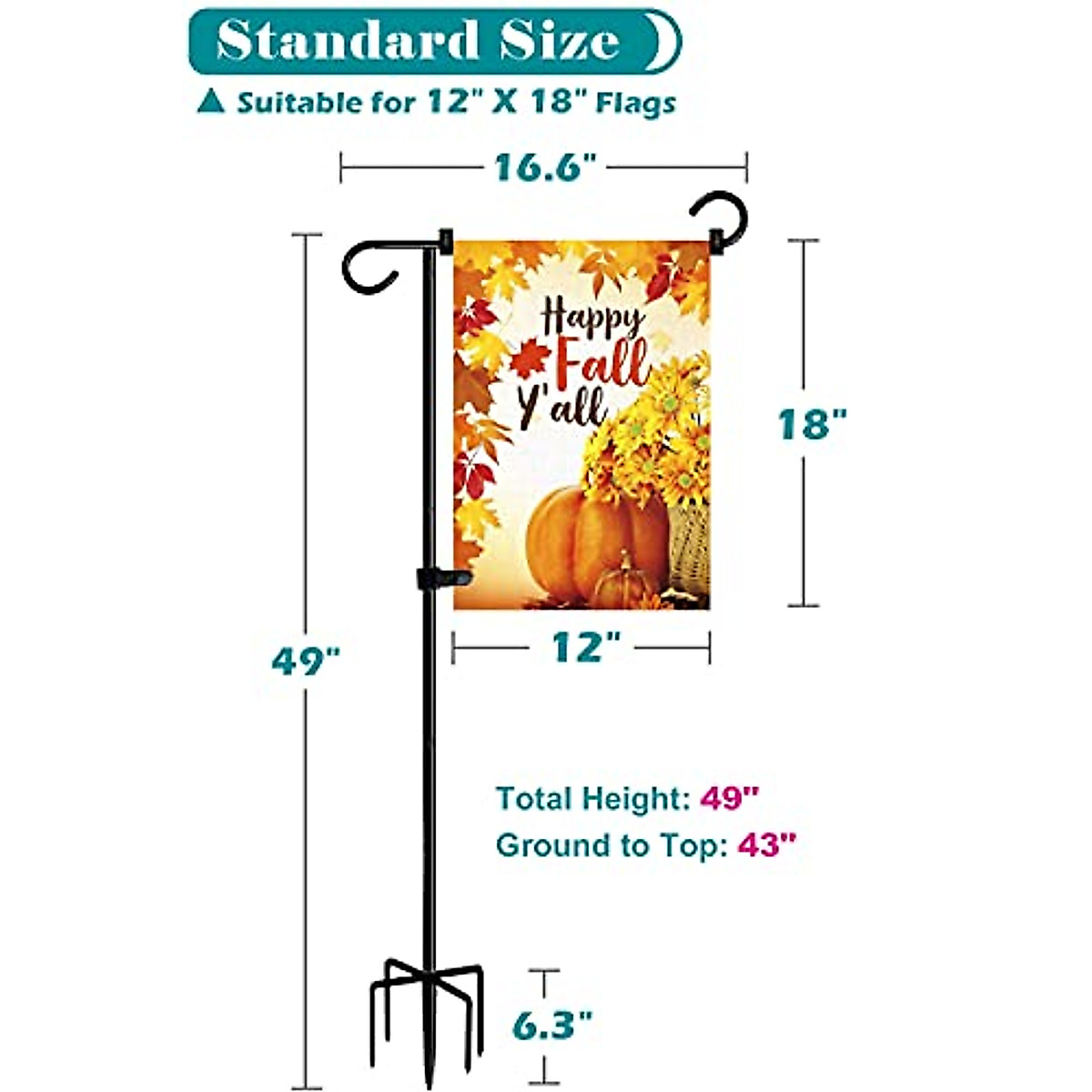 Koutemie 49 Inch Extra Tall Garden Flag Stand Holder Pole with 5 Prong Bases for 12 x 18 Outside Fall Yard Flags Décor, Matte Black