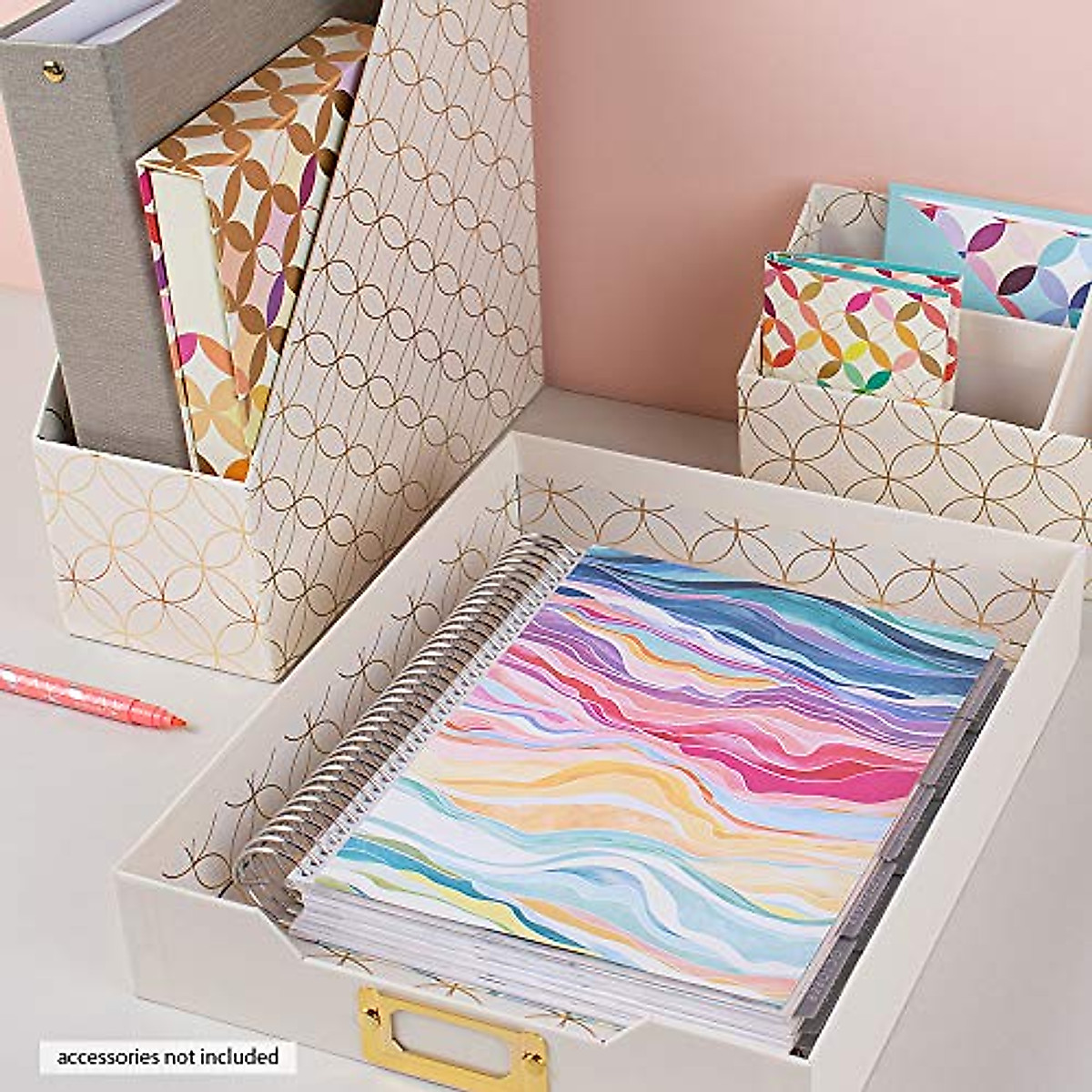 Erin Condren Designer Desk Accessories - Designer Desk Organizer Set (4 Pieces) - Mid Century Circles Outline. Stylish Storage For Papers, Magazines, Pens & Pencils, Paper Clips & More
