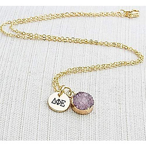 Sorority Shop DPE Necklace - Delta Phi Epsilon Purple Druzy Gemstone Necklace With Engraved Pendant – 14K Gold Dipped Jewelry with Purple Gemstone – Sorority Gift, Charm Paraphernalia