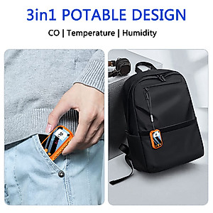 CEKKIENA [3-in-1] Carbon Monoxide Detector Portable Mini Air Quality Monitor with Lanyard Alarm CO Gas Meter Temperature Humidity Sensor Built-in 1000mAh Battery, Indoor/Outdoor (Orange)