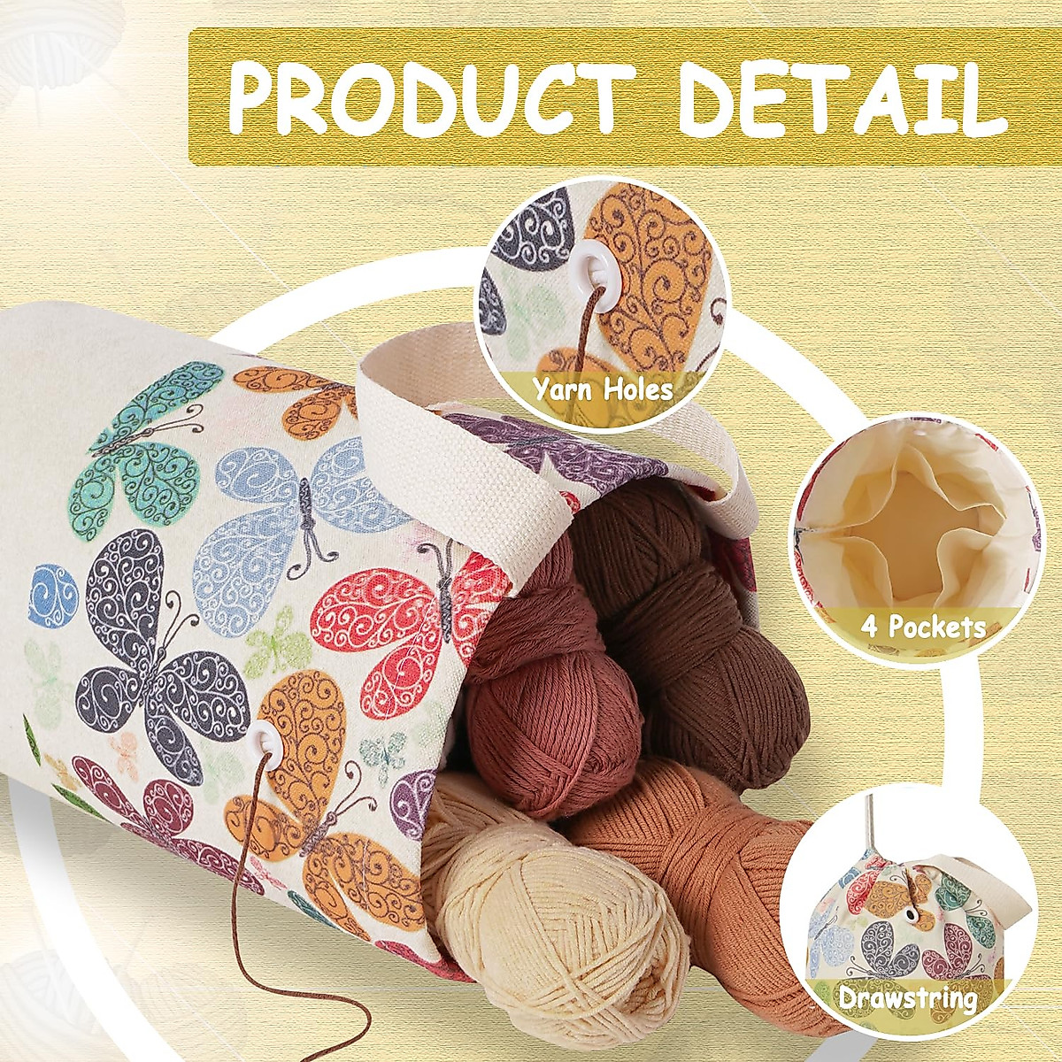 TOGETRUE Yarn Bag, Knitting Crochet Bag, Portable Yarn Storage Bags Organizer for Crocheting Project, Store Skein Ball, Short Knitting Needle (Large, Butterfly)