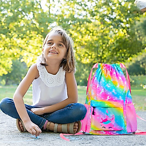 AuSleti Waterproof Drawstring Bag, Girls Beach Bag for Swimming, Gym Bag Sackpack Sports Backpack for Kids Girls, Rainbow Unicorns Gifts for Girl Drawstring Backpack