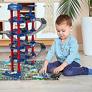 COVTOY Parking Garage Toy Playset, Race Car Ramp Track Toy, with 6 Police Cars, Four-Story for 4-8 Years Old Boys And Kids