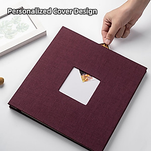 HoneyTolly Large Photo Album Self Adhesive with Picture Display Window, DIY Scrapbook Album for 4x6 8x10 Pictures, 40 Pages Linen Cover Memory Book with Scraper and Metallic Pen(Purple)