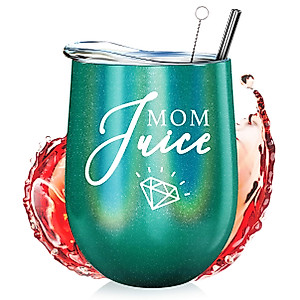Mom Stainless Steel Wine Tumbler - 12oz with Steel Straw, BPA Free Lid, & Straw Cleaning Brush - Stemless Insulated Wine Tumbler with Lid - Gift for Mothers who Love Coffee, Tea - Mom Juice