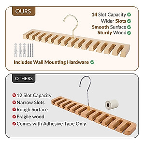 ZEDODIER Belt Hanger for Closet, Sturdy Wood Belt Rack for Men and Women, 14 Storage Capacity, Space Saving Hanging Belt Holder for Closet Organizers and Storage, Natural