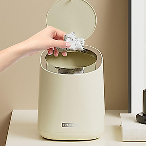 FLUSTDER Mini Countertop Garbage Can Small Plastic Wastebasket Waste Can with Press Type Lid Desktop Trash Can for Bathroom Bedroom Living Room (Cream White)