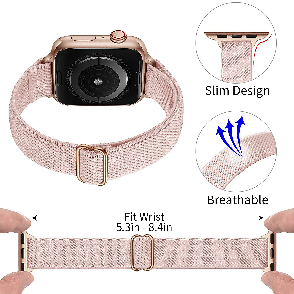 SICCIDEN Slim Stretchy Bands Compatible with Apple Watch Band 42mm 41mm 40mm 38mm, Women Elastics Nylon Thin Strap for iWatch SE2 SE Series 10 9 8 7 6 5 4 3 2 1 (Pink Sand/Rose Gold)
