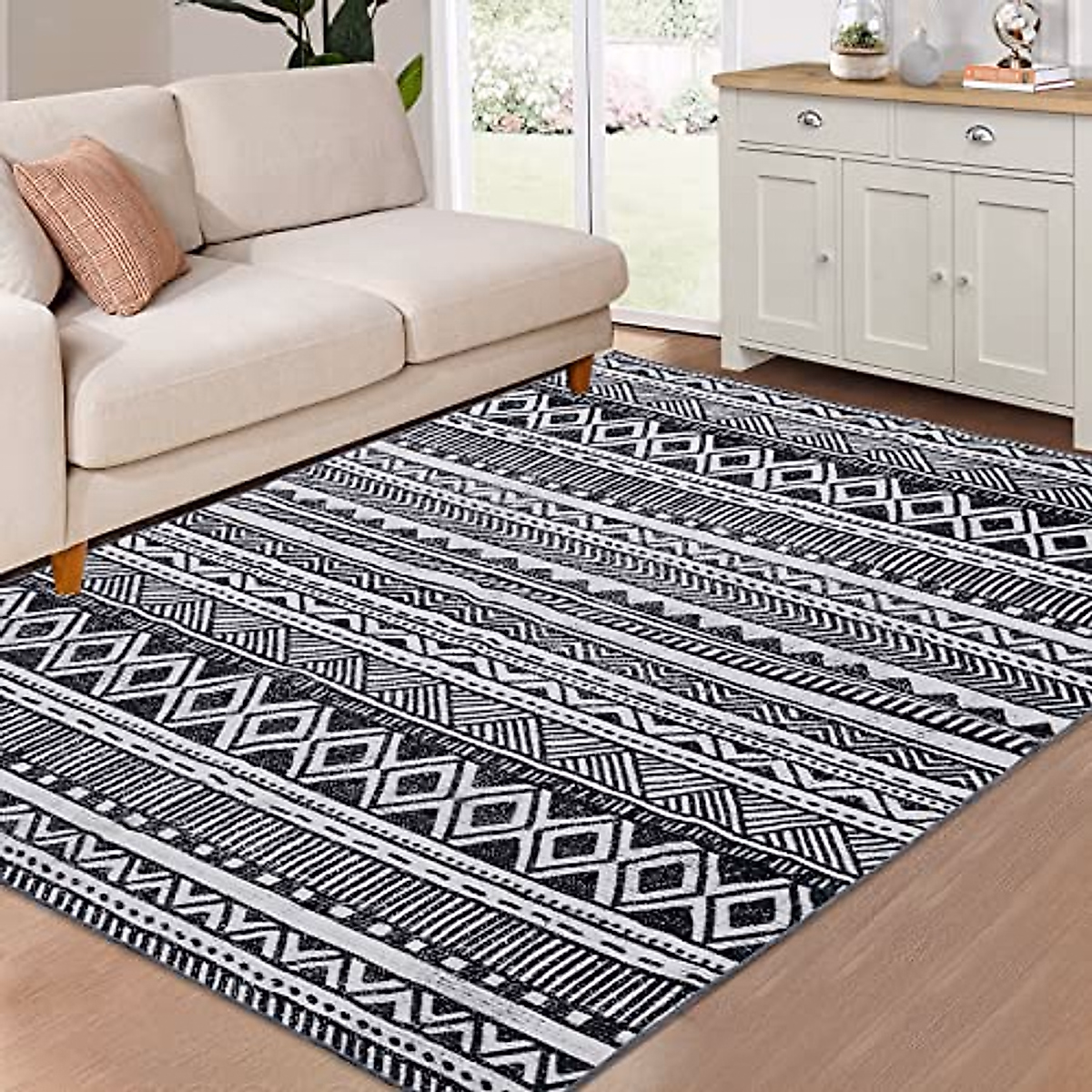 RUGSREAL Boho Moroccan Area Rug 5' x 7' Machine Washable Modern Diamond Carpet Rug Distressed Bohemian Foldable Accent Rug Coffee Table Rug Farmhouse Dining Table Rug Office Bedroom Decor, Black