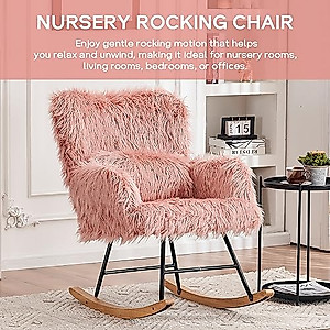 NIOIIKIT Nursery Rocking Chair, Faux Fur Upholstered Glider Rocker with Lumbar Pillow, High Backrest Rocking Accent Chair, Comfy Armchair for Living Room, Bedroom, Office (Pink)
