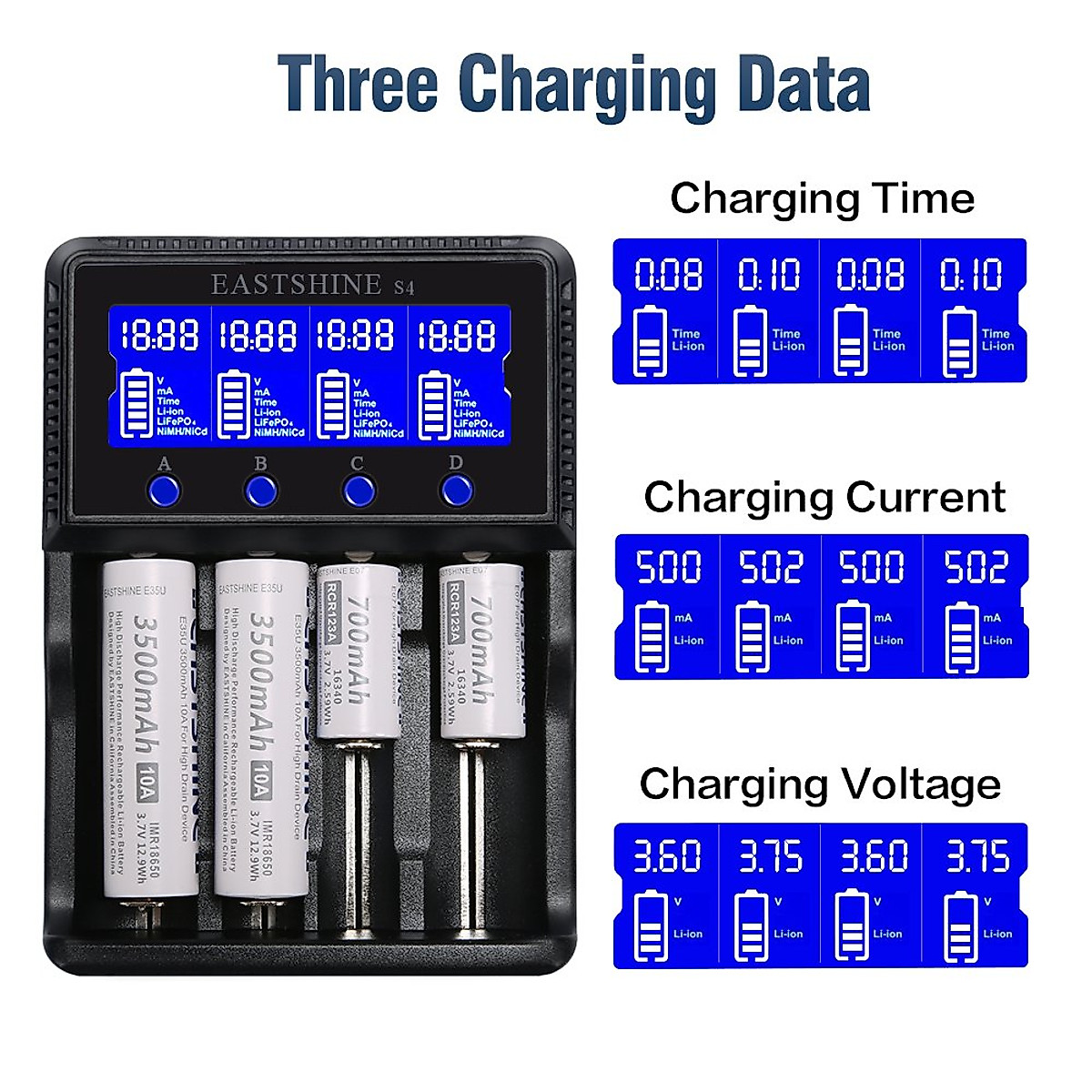 Universal Smart Battery Charger 4 Bay for Rechargeable Batteries NiMH NiCd AA AAA C Li-ion LiFePO4 IMR 18650 21700 20700 26650 14500 16340 18500 10440 18350 RCR123a LCD Display UL Listed
