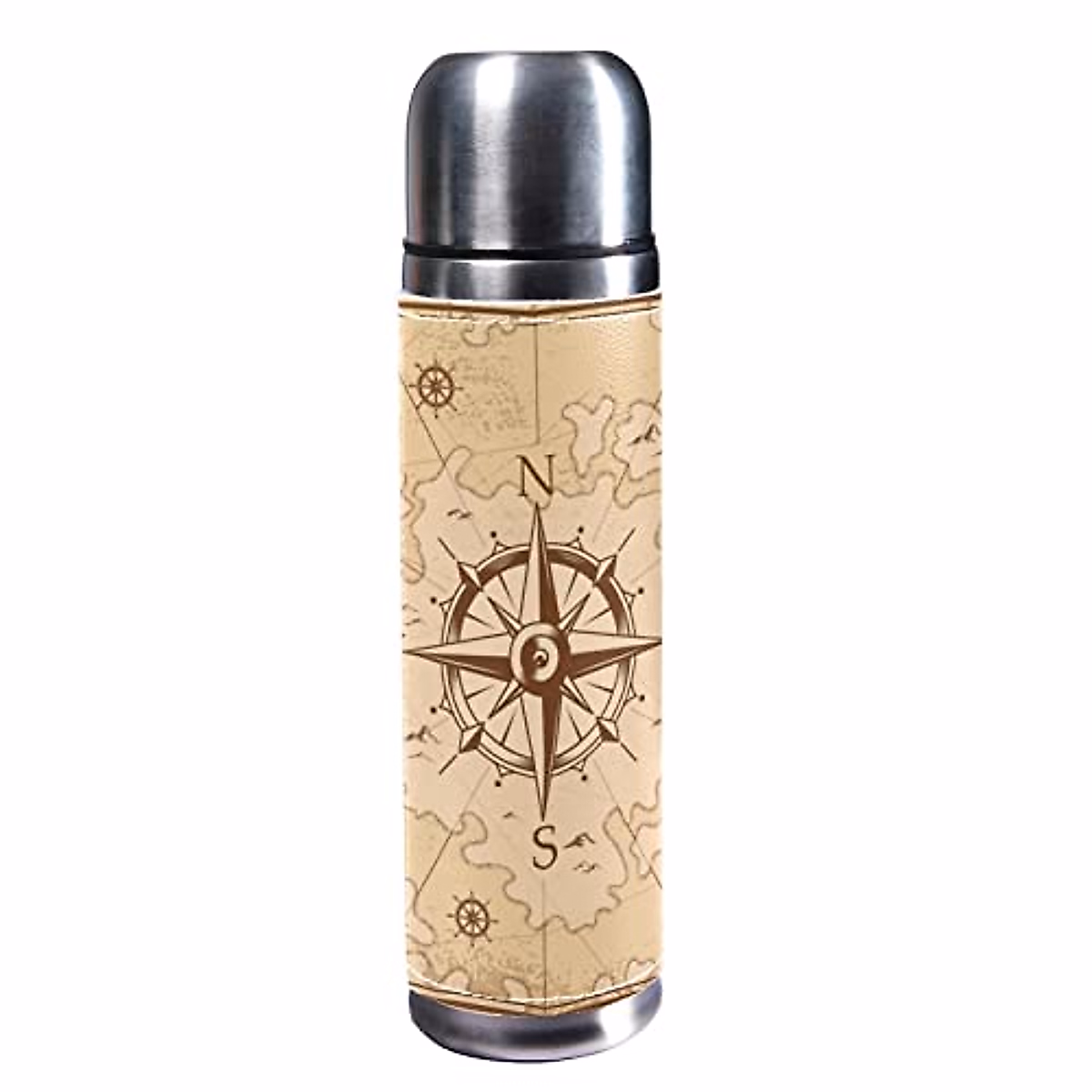 sdfsdfsd 17 oz Vacuum Insulated Stainless Steel Water Bottle Sports Coffee Travel Mug Flask Genuine Leather Wrapped BPA Free, Vintage Map
