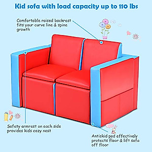 Costzon Kids Couch, 2 in 1 Double Seat Children's Sofa Convert to Table and Two Chairs for School, Storage Space, PVC Surface, Large Soft Kids Preschool Sofa Couch for Boys Girls Gifts (Red)