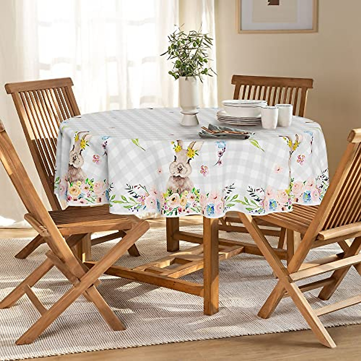 Horaldaily Easter Tablecloth 70x70 Inch Round, Spring Flower Buffalo Plaid Bunny Table Cover for Party Picnic Dinner Decor