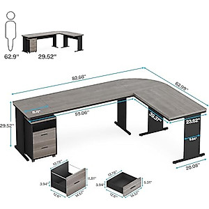 LITTLE TREE 82.67" Long Executive Desk with Drawers, Large L-Shaped Office Desk with Mobile File Cabinet, Farmhouse Computer Office Furniture Work Desk with Storage for Home Office, Gray