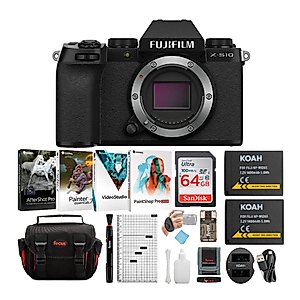 Fujifilm X-S10 Camera (Body) Bundle with Rechargeable Battery and Dual Charger, DSLR Accessory Kit, Software Suite, and 64GB Memory Card (5 Items)