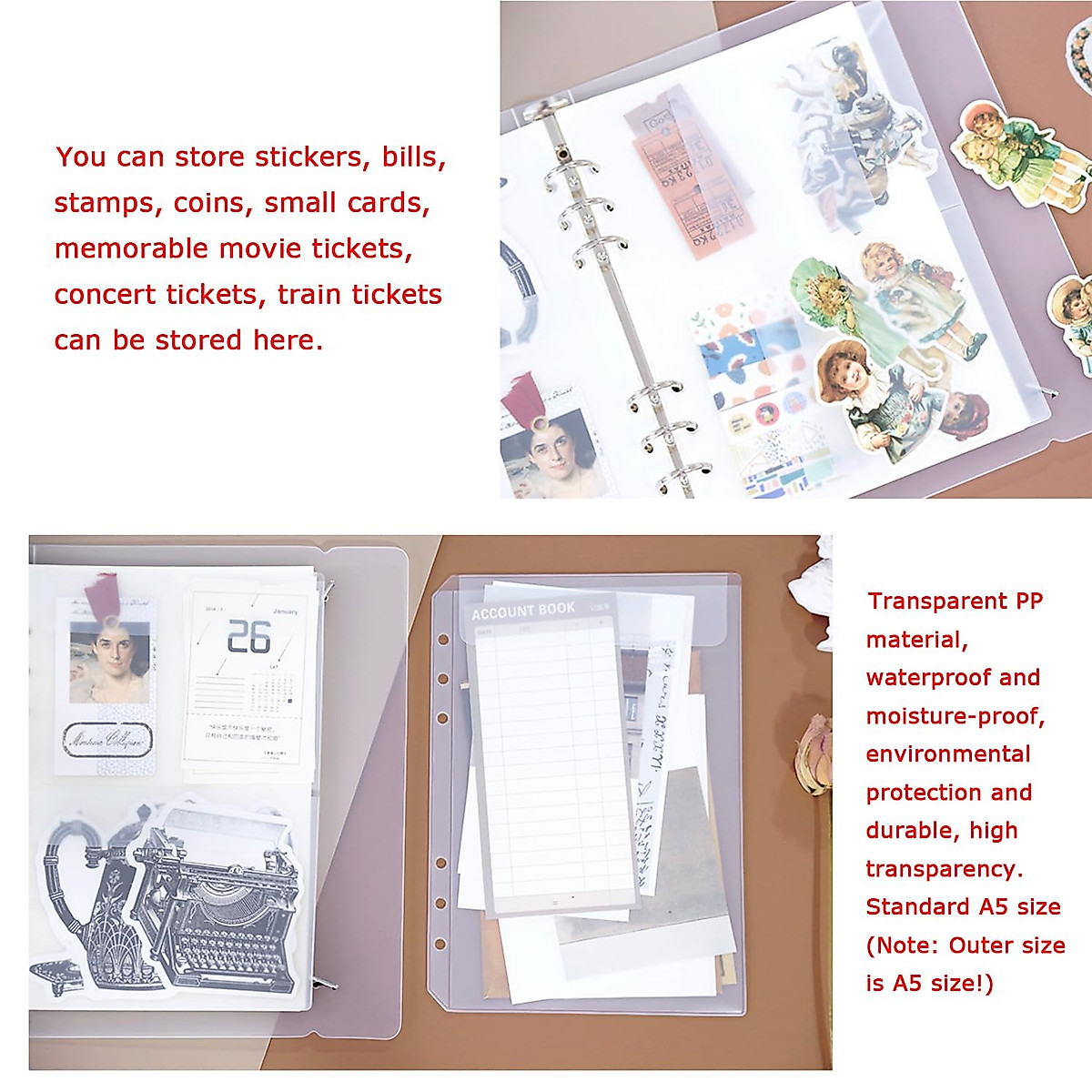 12 Pcs A5 Size 6 Holes Binder Pockets,Clear PVC Zipper Binder Pocket,6 Holes Zipper Binder Pouch,Waterproof PVC Loose Leaf Bags for Stickers, Postcards, Bank Cards—with Binder Clips (C)